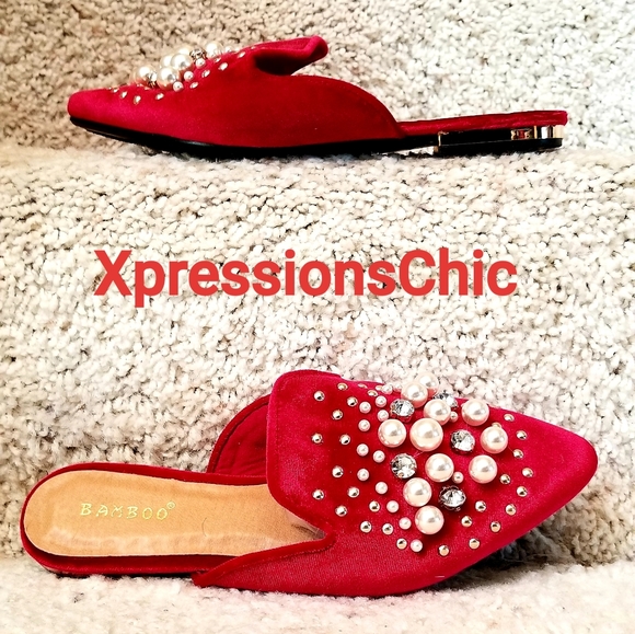 BAMBOO | Shoes | Velvet Pearls Rhinestone Slides | Poshmark